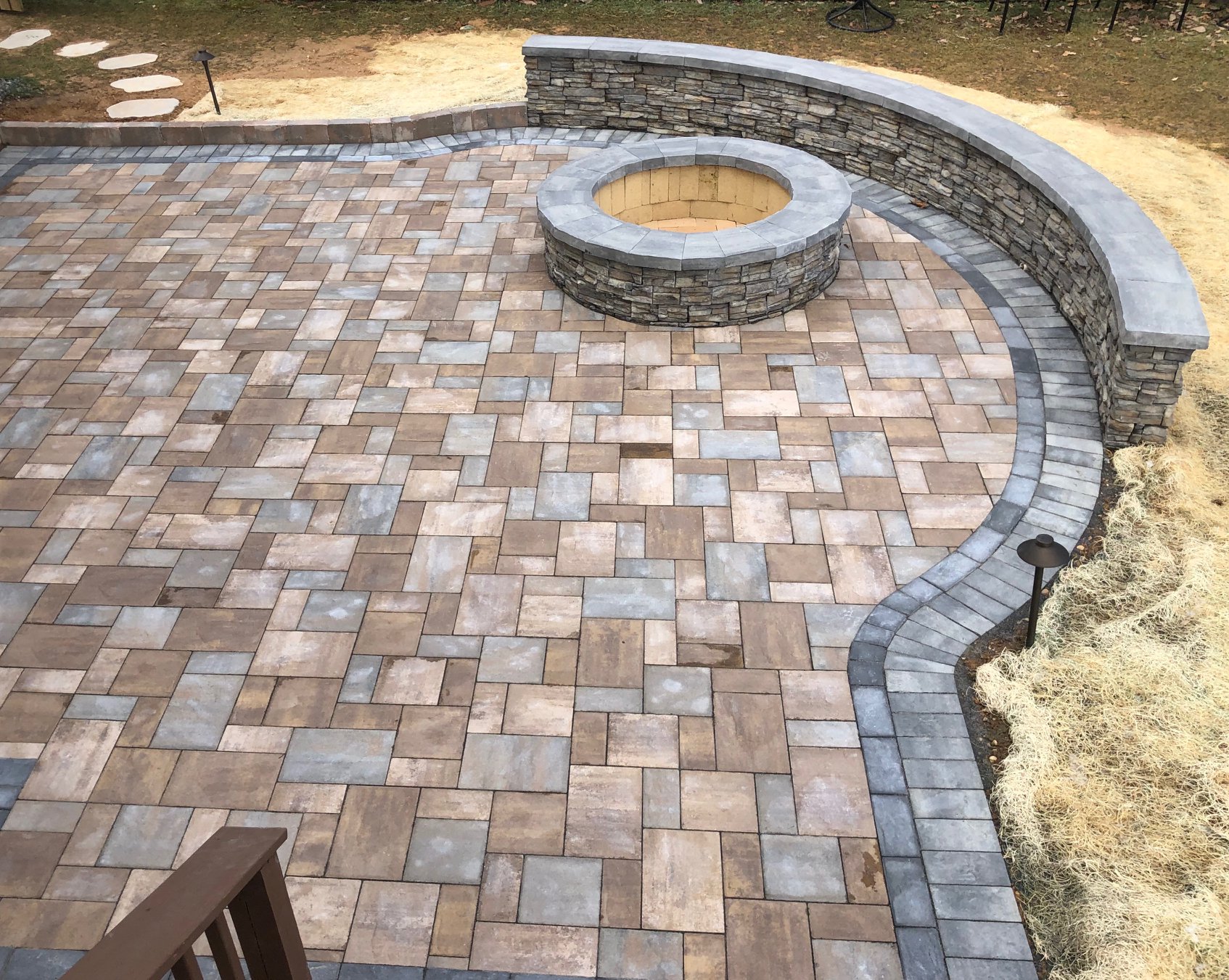 Tri-Color Paver Patio, Fire Pit, & Sitting Wall in Hanover, Maryland ...